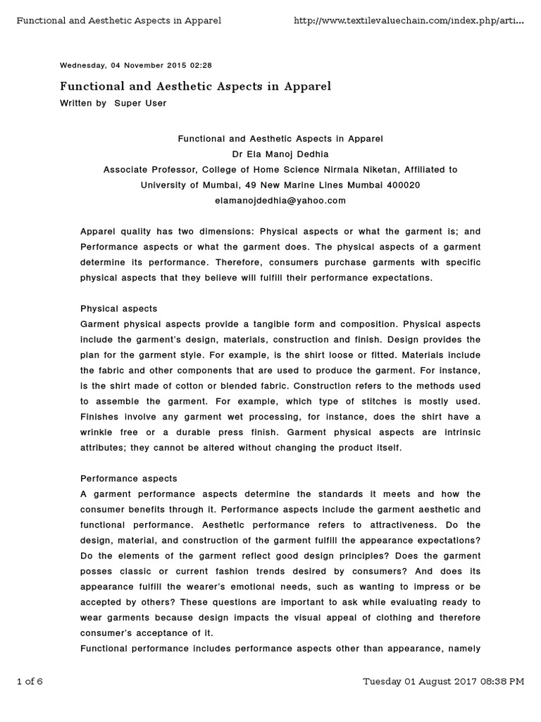 Functional and Aesthetic Aspects of Apparel | PDF | Clothing | Textiles