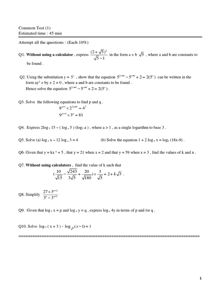Common Test (1) Estimated Time: 45 Min Attempt All The Questions: (Each ...