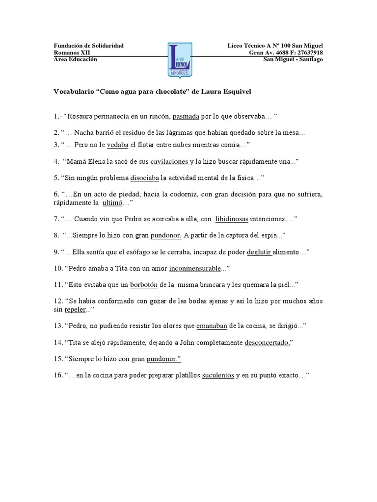 Vocabulario Como Agua para Chocolate. | PDF