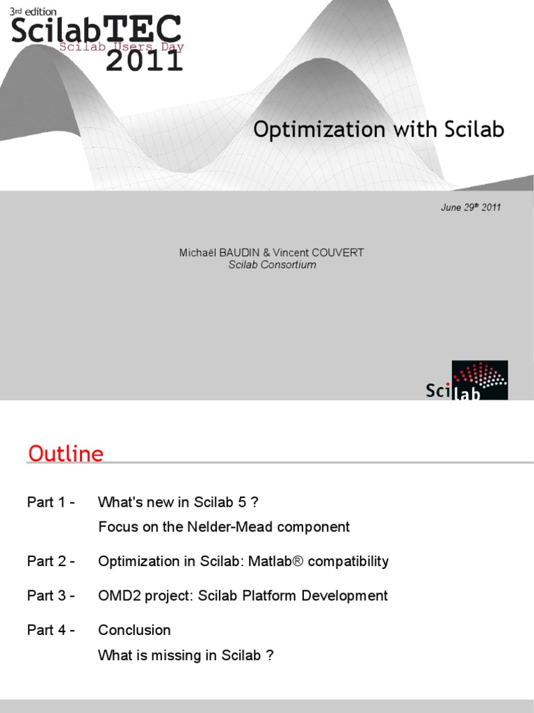 Optimization With Scilab: Michaël BAUDIN & Vincent COUVERT | PDF | Mathematical Optimization ...