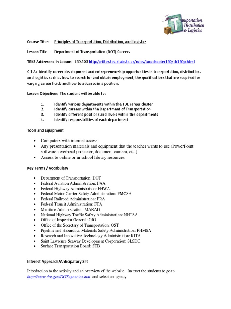 Lesson 1A - Transportation Careers Lesson Plan | PDF | Federal Aviation ...