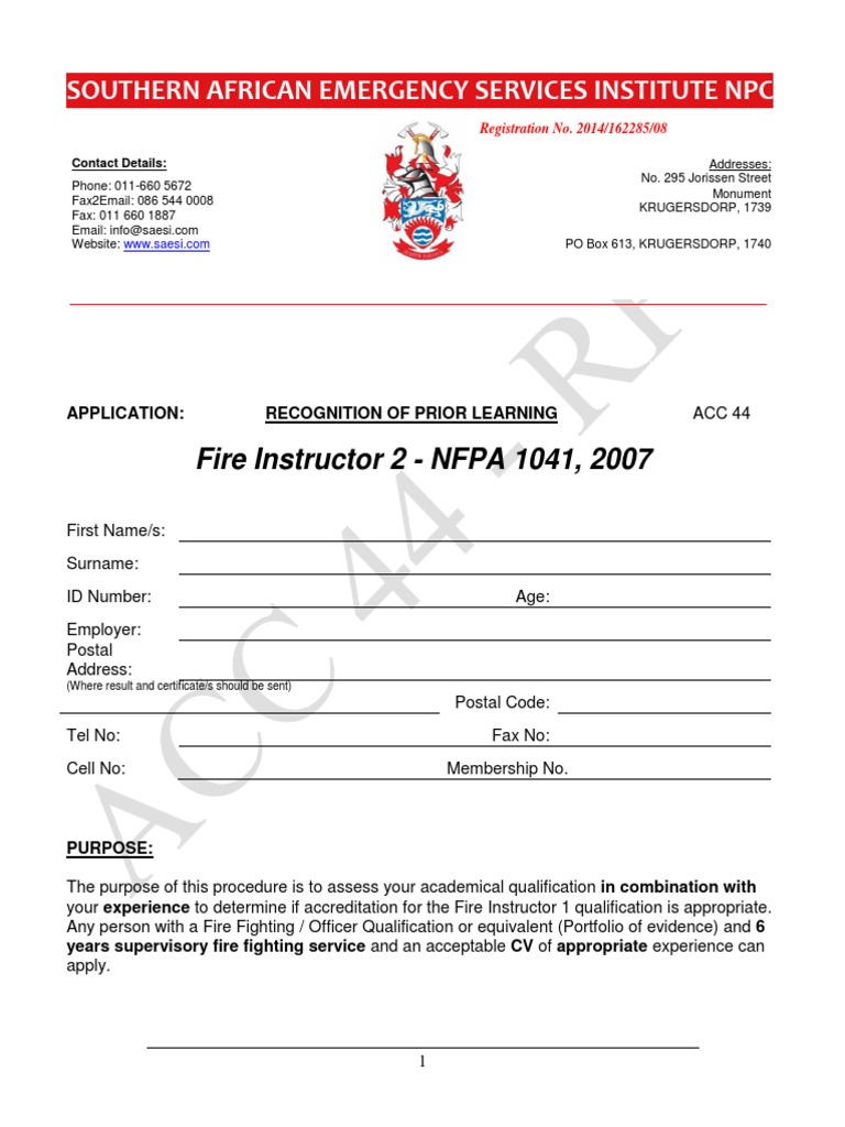 NFPA 1041 Fire Instructor RPL Application | PDF | Lesson Plan | Evaluation