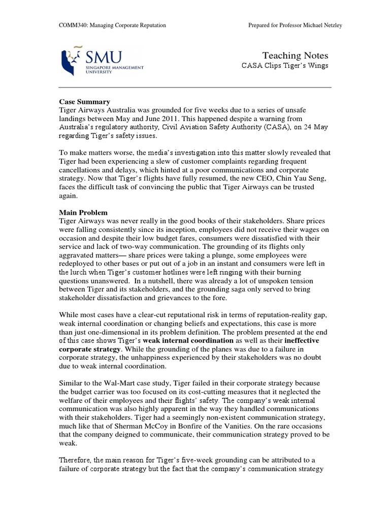Teaching Notes: Case Summary | PDF | Reputation | Airlines