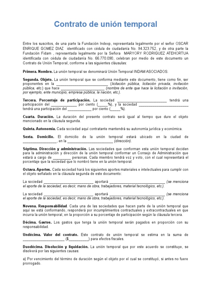 Modelo de Contrato de Unión Temporal | PDF | Sociedad de ...