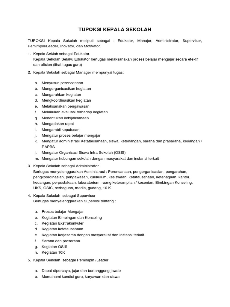 Tupoksi Kepala Sekolah PDF | PDF