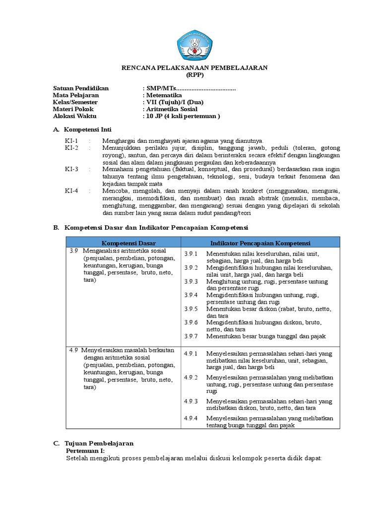 Contoh RPP k13 Revisi-Mtk | PDF