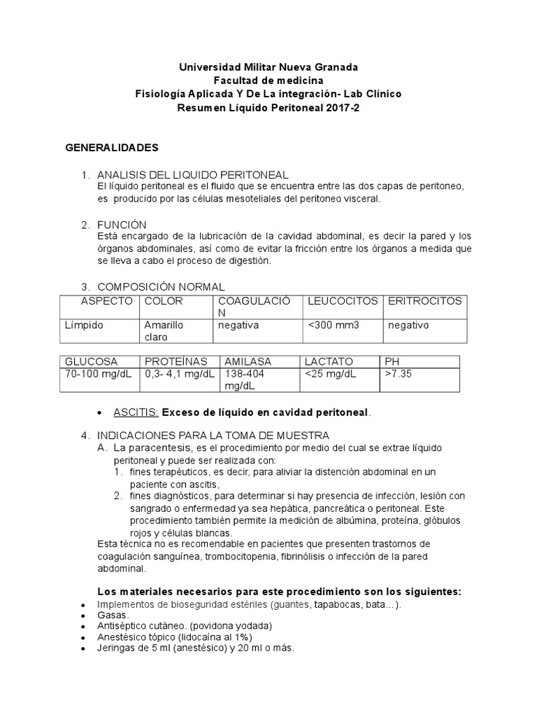 Resumen Liquido Peritoneal | PDF | Peritoneo | Sangre