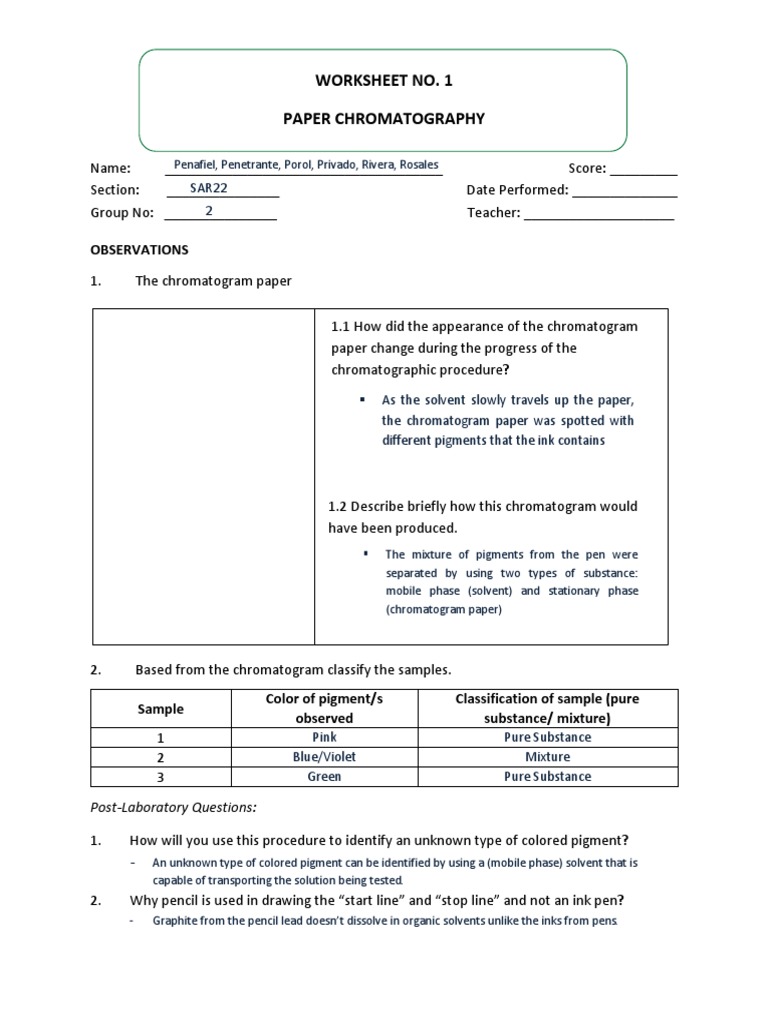 Worksheet No. 1 Paper Chromatography: Observations | PDF ...