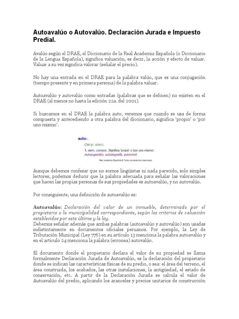 Autoavalúo o Autovalúo - Declración Jurada e Impuesto Predial | PDF | Impuestos | Diccionario