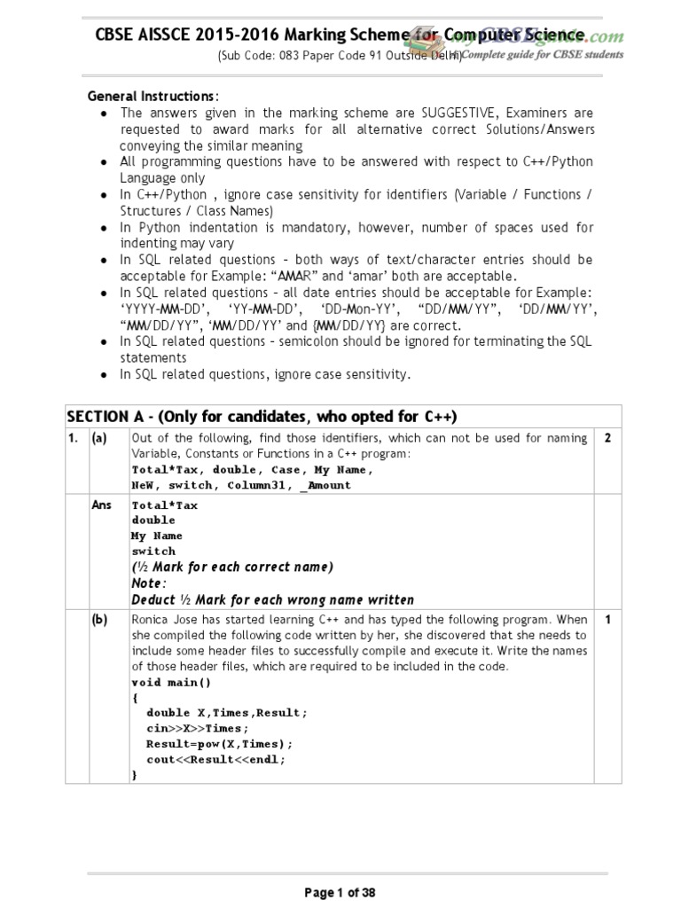 CBSE AISSCE 2015 2016 Marking Scheme For Computer Science: General ...