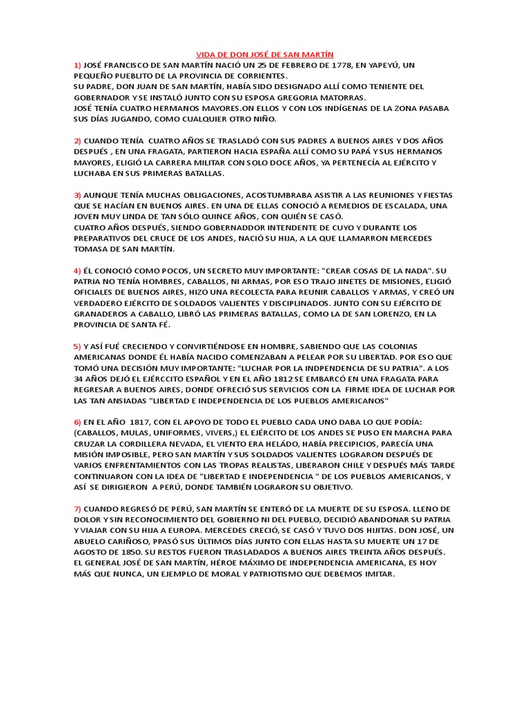 Cuento La Vida de Don José de San Martín | PDF