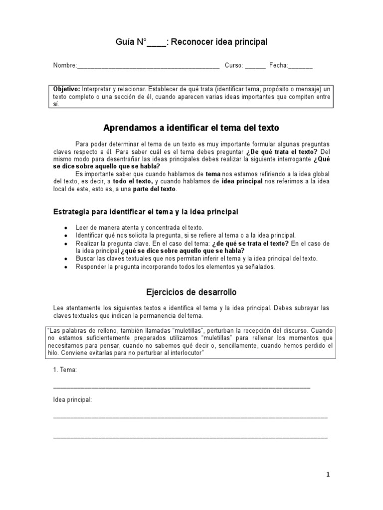 Guía para identificar el tema y la idea principal de un texto | PDF ...