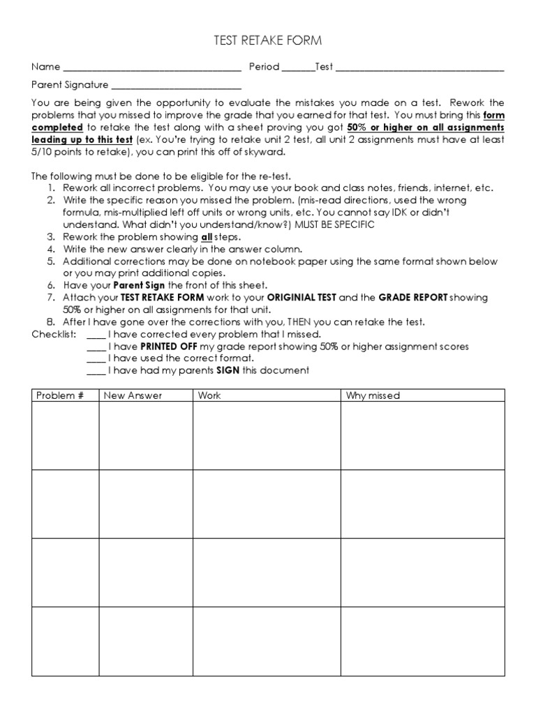 Test Retake Form1 | PDF