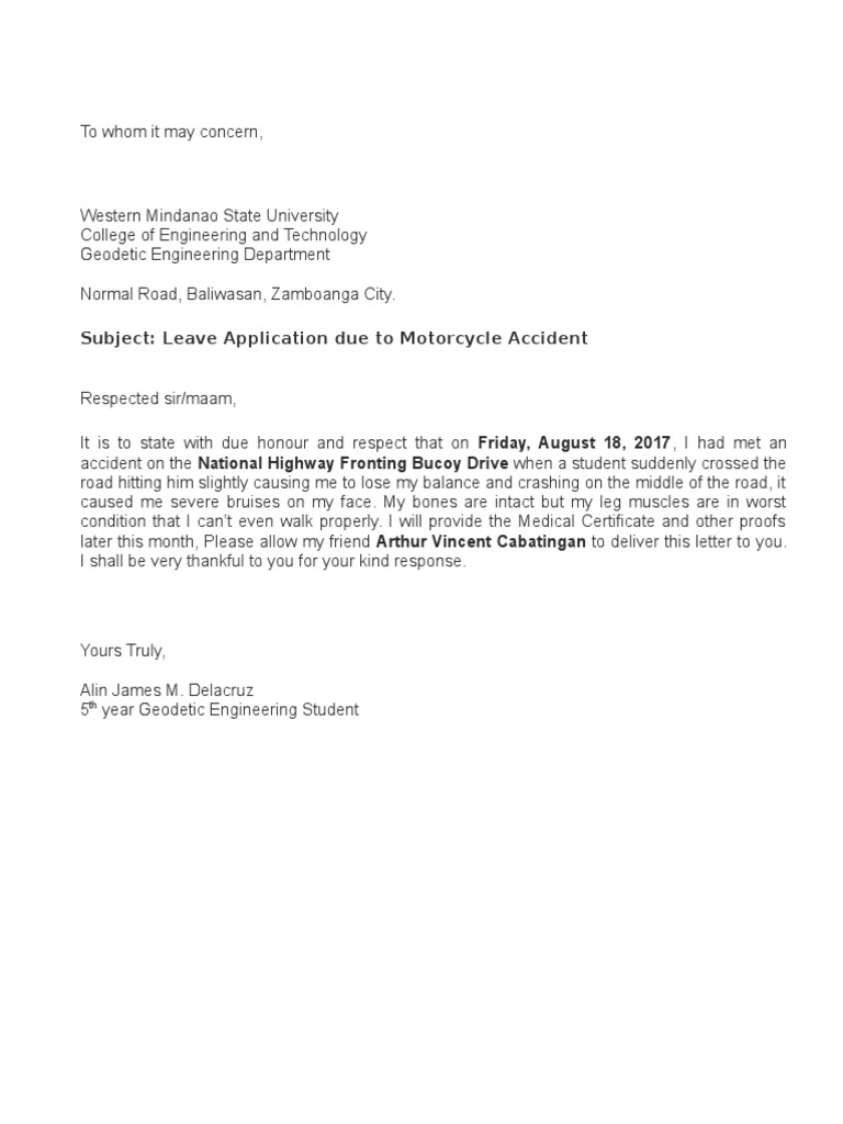 Subject: Leave Application Due To Motorcycle Accident | PDF