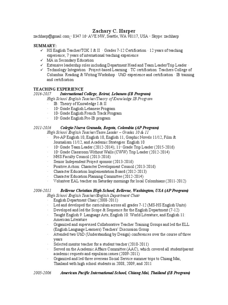 Zach C Harper CV 2017 | PDF | English As A Second Or Foreign Language ...