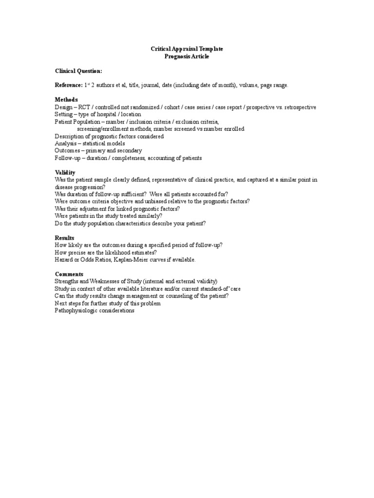 Critical Appraisal Template Prognosis Article Clinical Question ...