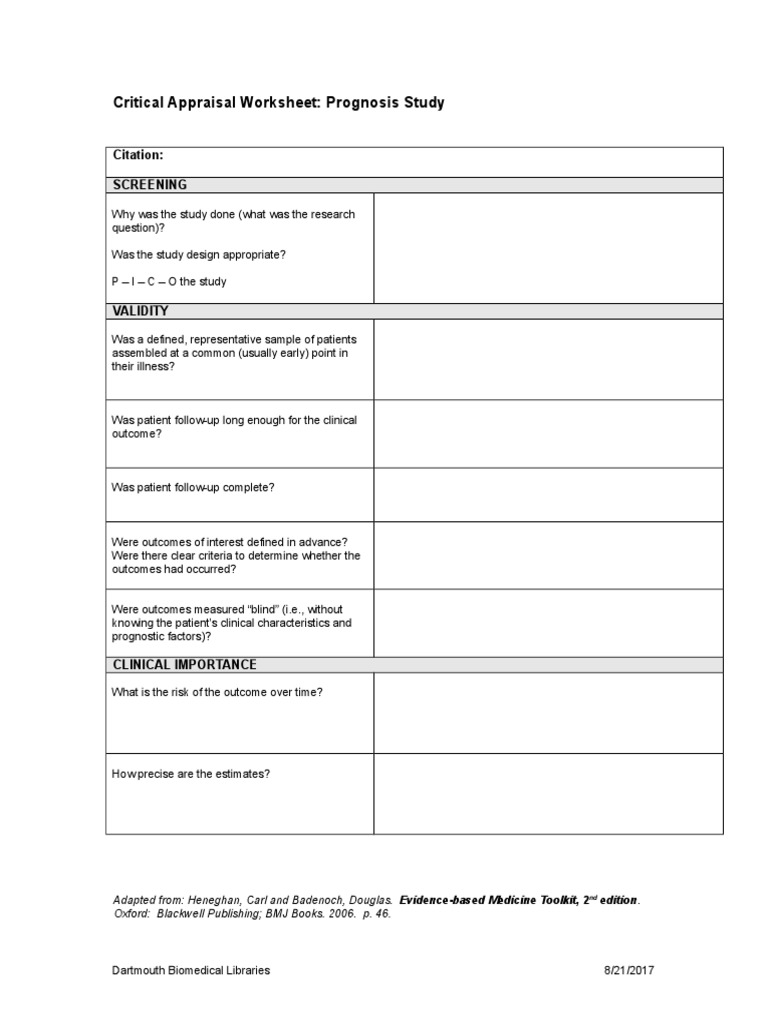 Critical Appraisal Worksheet Prognosis | PDF