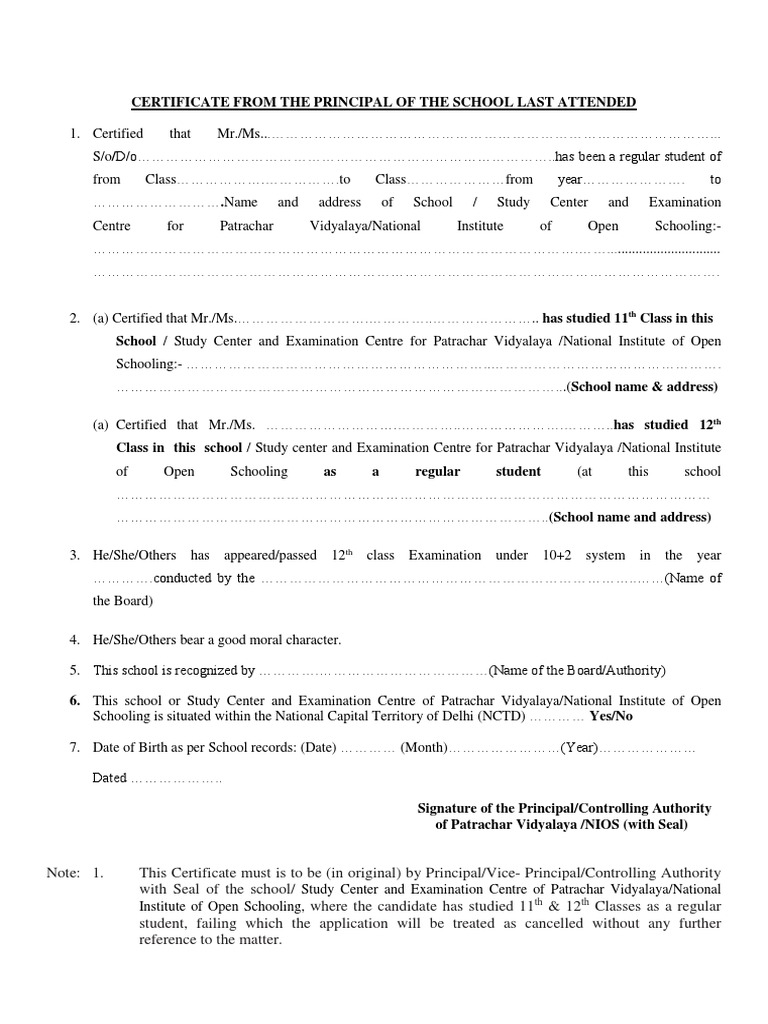 Proforma for Certificate From the Principal of the School Last Attended ...