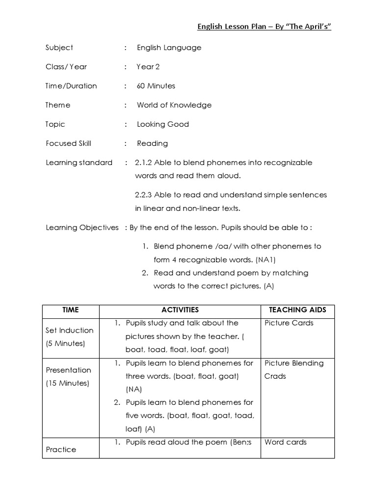 English Lesson Plan - by "The April's": Time Activities Teaching Aids ...
