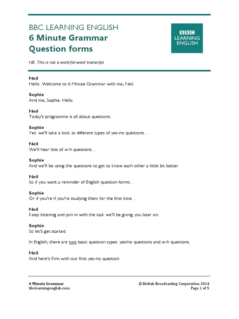 6 Minute Grammar Question Forms: BBC Learning English | PDF