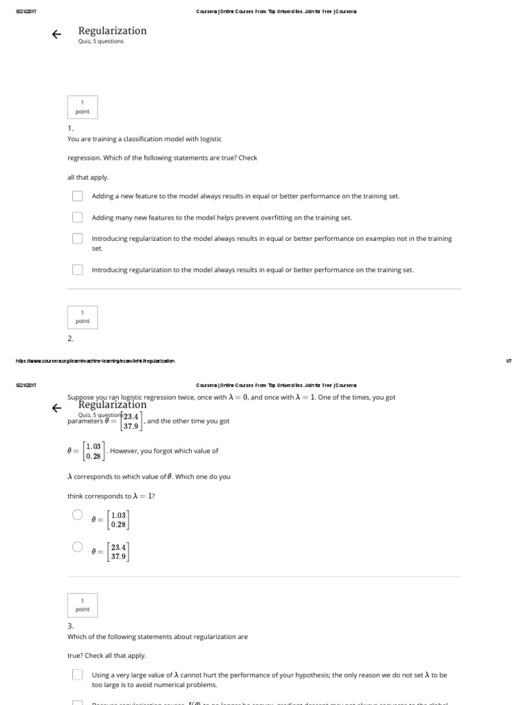 Regularization in Logistic Regression Quiz | PDF | Test Set ...