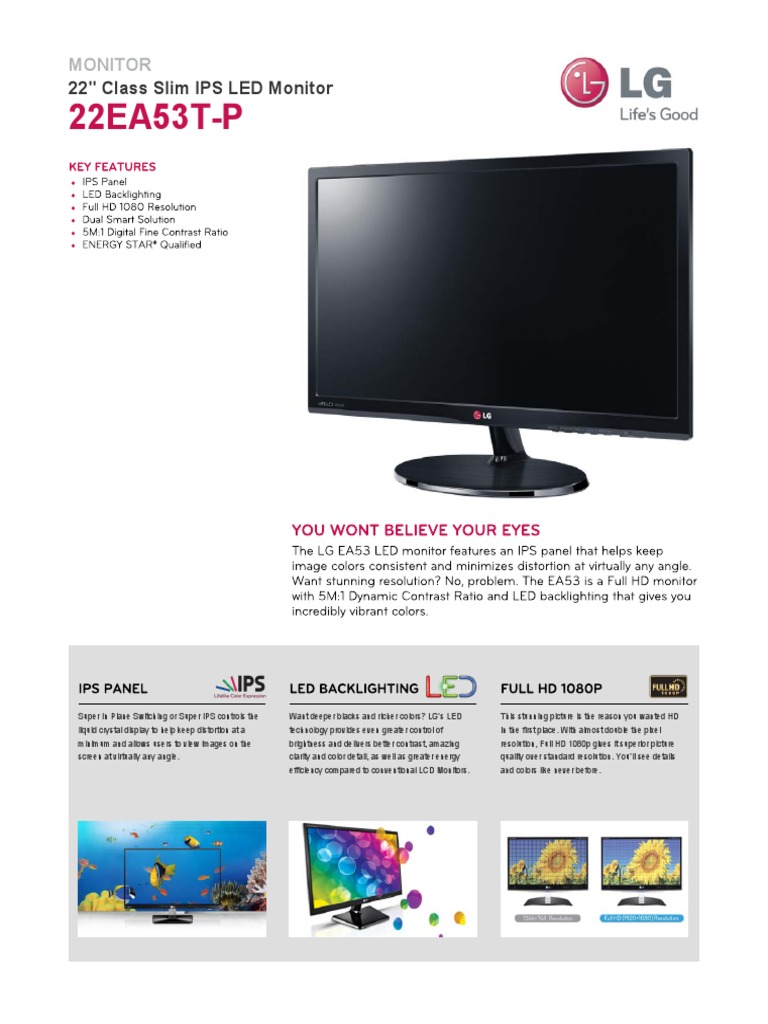 Spec Sheets 22EA53TP Spec Sheet | PDF | Computer Monitor | Display ...