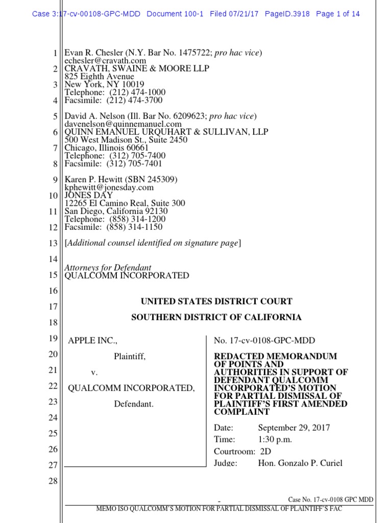 Qualcomm's Motion to Dismiss Apple Claims | PDF | Declaratory Judgment | Glossary Of Patent Law ...