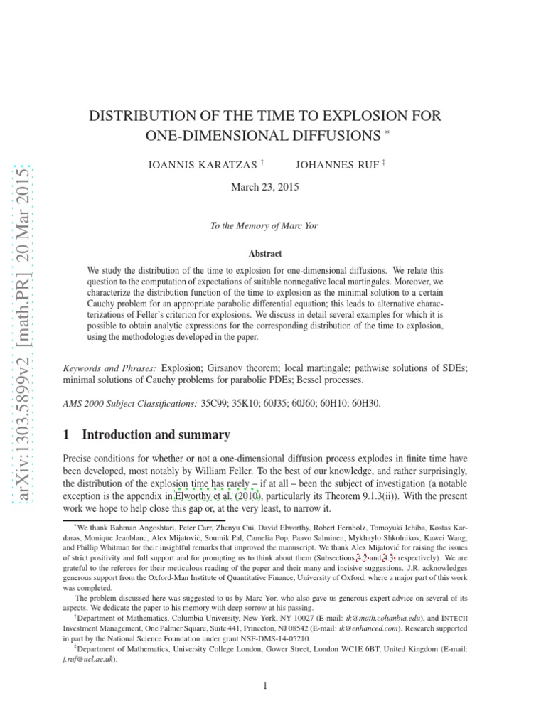 Distribution of The Time To Explosion For One-Dimensional Diffusions | PDF | Stochastic Process ...