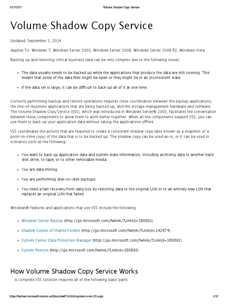 Volume Shadow Copy Service Backup Microsoft Windows 