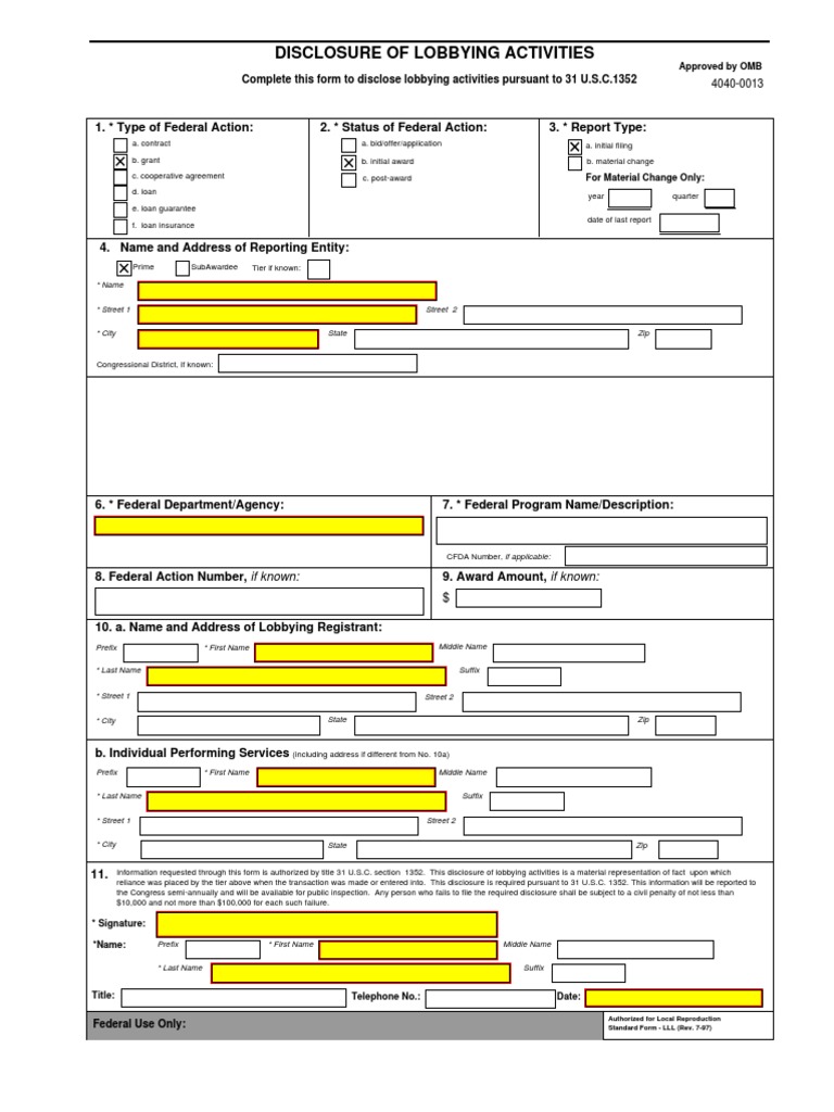 Disclosure of Lobbying Activities: Complete This Form To Disclose ...