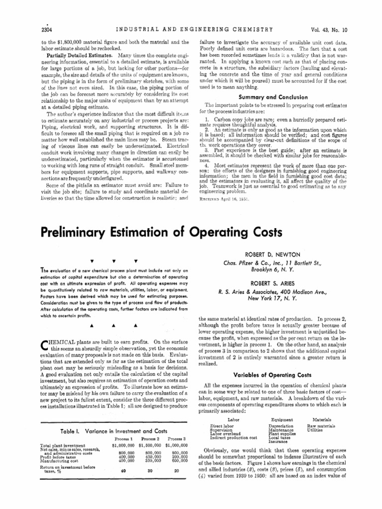 Preliminary Estimation of Operating Costs | PDF | Expense | Cost Of Goods Sold