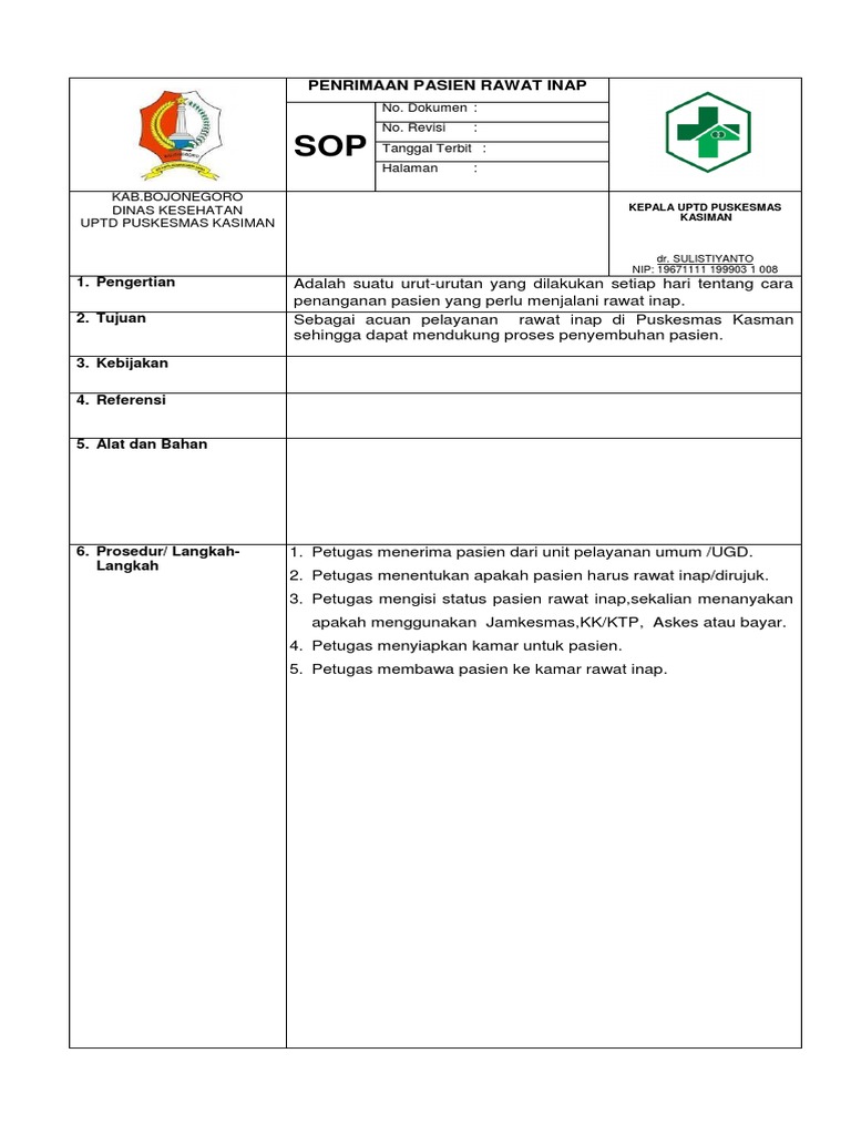 Sop Penerimaan Pasien Rawat Inap Fix | PDF