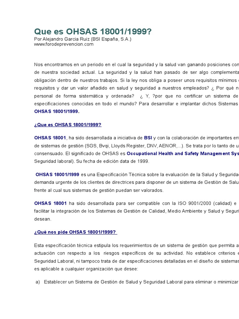 Que Es Ohsas 18001 | PDF | Seguridad y salud ocupacional | Planificación