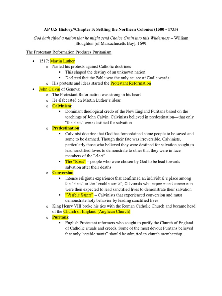 AP U.S History Chapter 3 Outline | PDF | Massachusetts Bay Colony ...