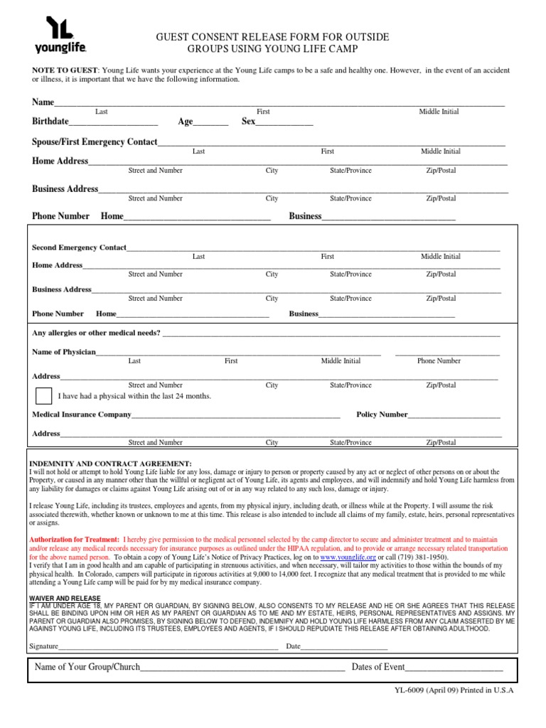 Young Life Guest Health Consent Form | PDF | Indemnity | Legal Concepts