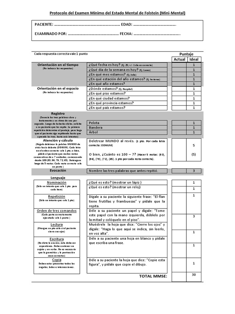 Protocolo Del Examen Mínimo Del Estado Mental de Folstein | Lingüística ...