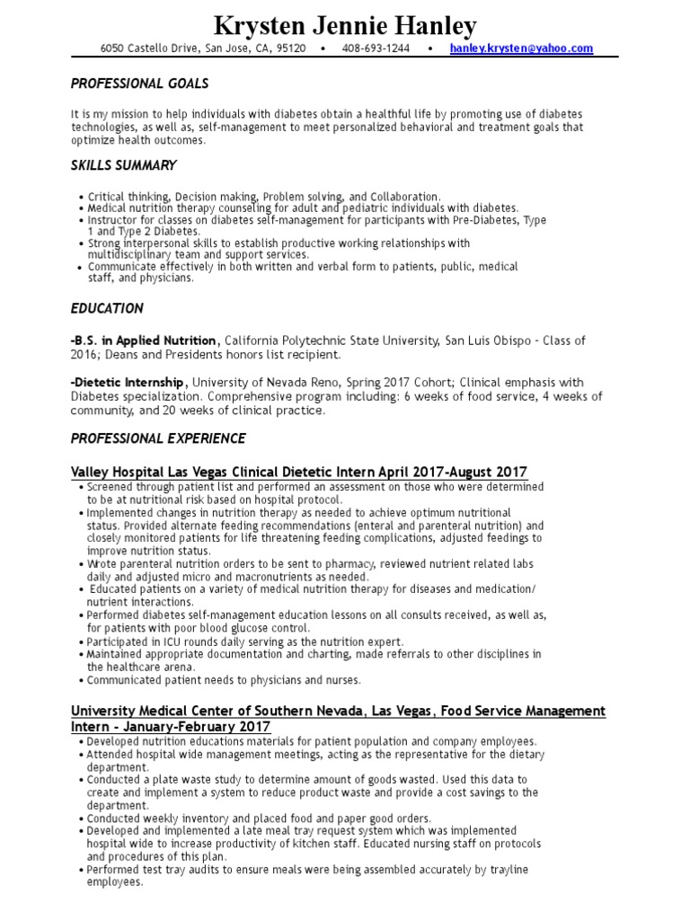Krysten Hanley Resume | PDF | Dietitian | Nutrition