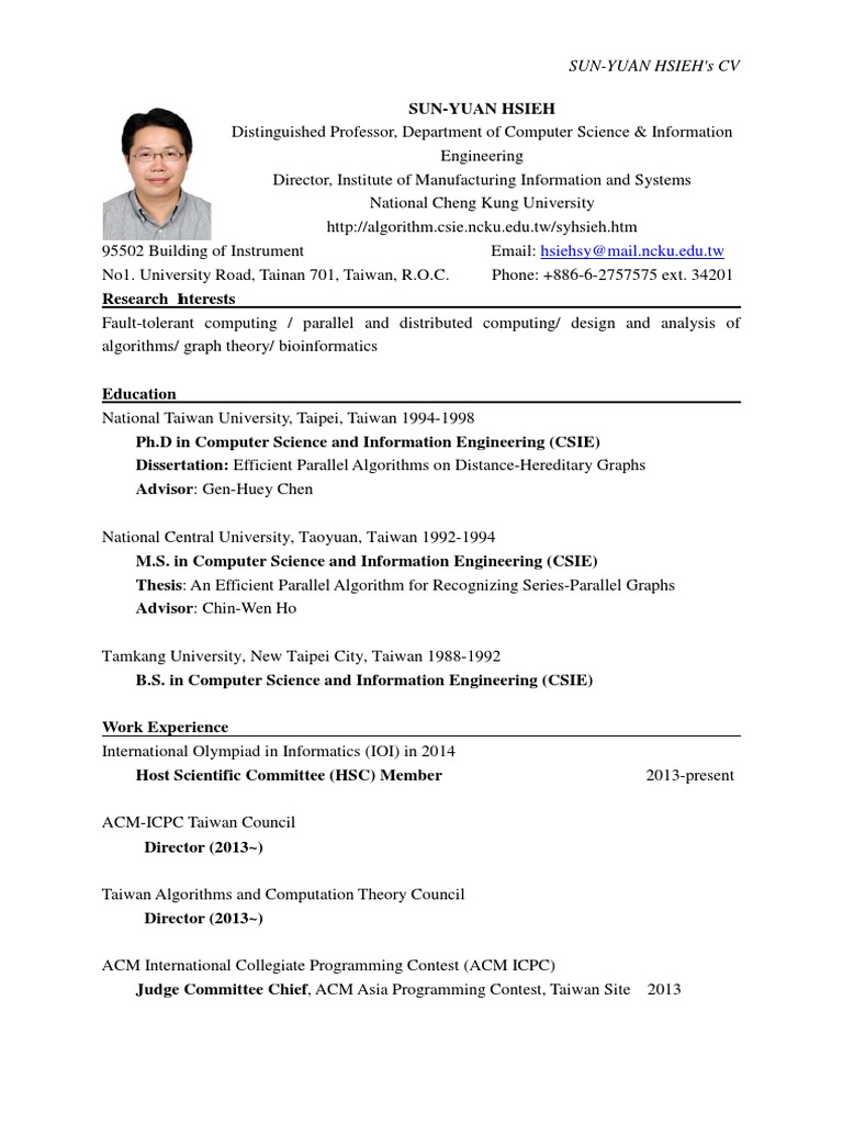 Sun-Yuan Hsieh'S CV: Hsiehsy@mail - Ncku.edu - TW | PDF | Distributed ...
