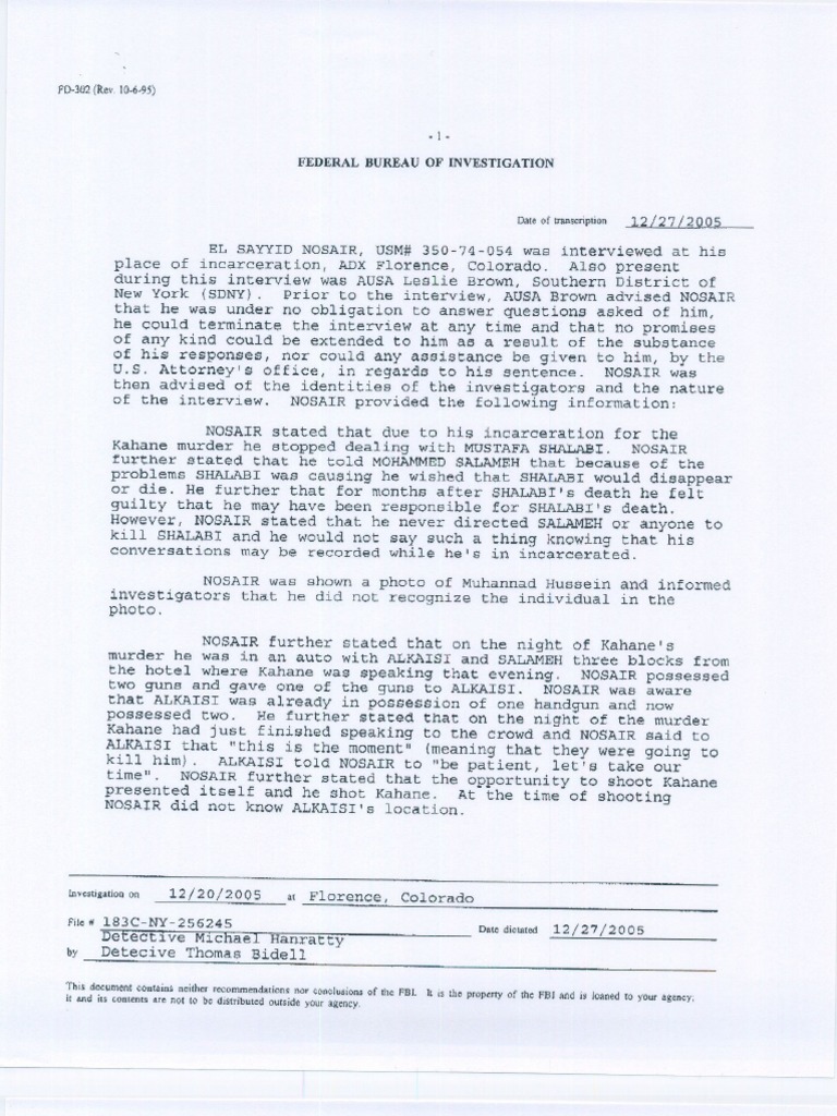 FBI 302 El Sayyid Nosair 12.20.05 | PDF