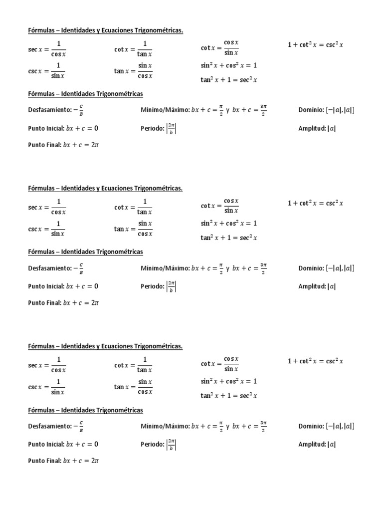 Fórmulas Trigonométricas | PDF | Funciones trigonométricas | Funciones ...
