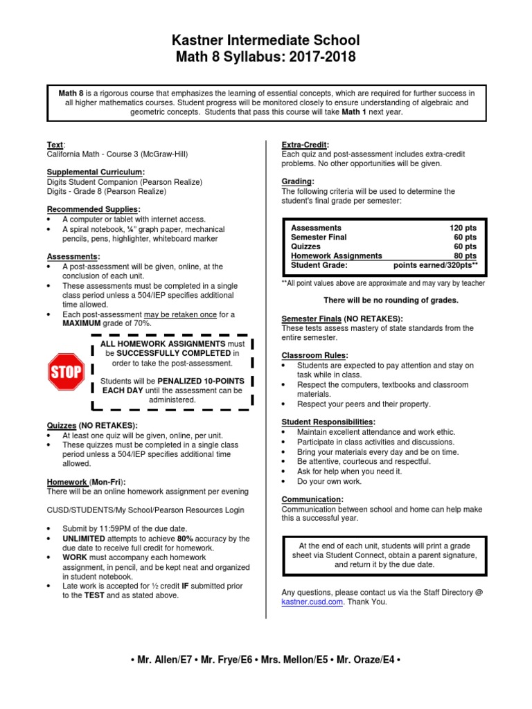 Kastner Intermediate School Math 8 Syllabus: 2017-2018: - Mr. Allen/E7 ...