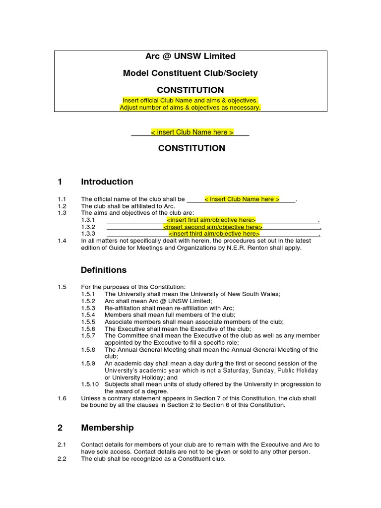 UNSW Club Constitution Template | PDF | Quorum | Constitutional Amendment