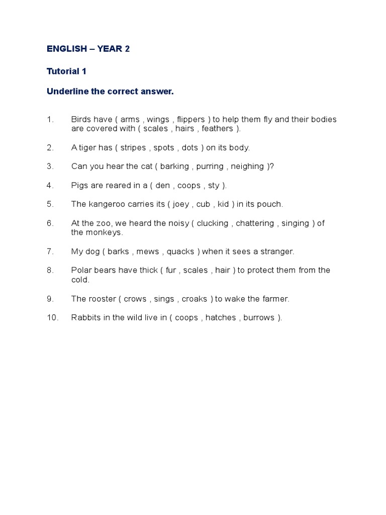 English - Year 2 Tutorial 1 Underline The Correct Answer | PDF