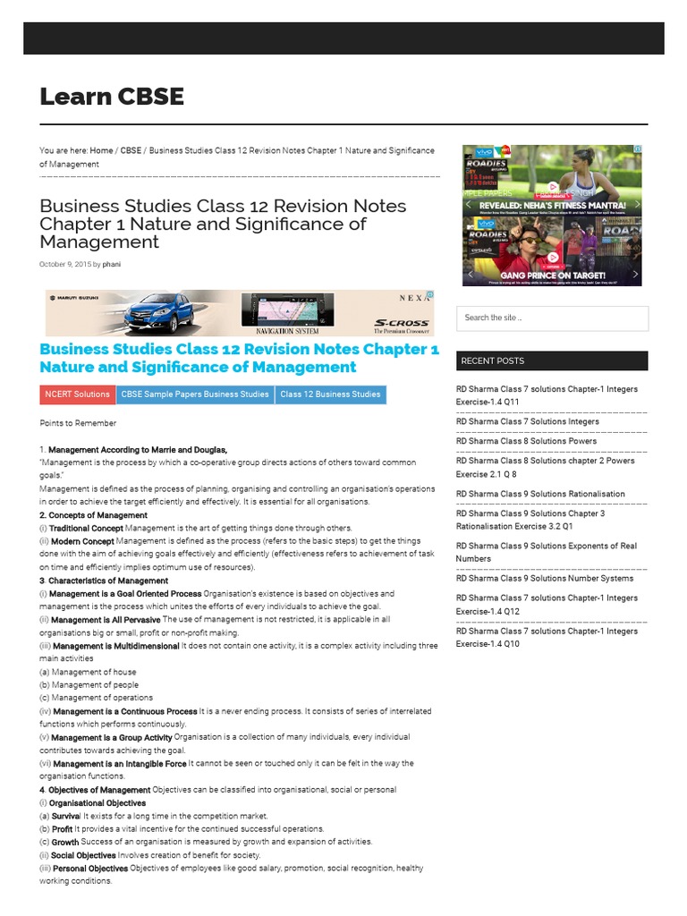 Business Studies Class 12 Revision Notes Chapter 1 Nature and ...