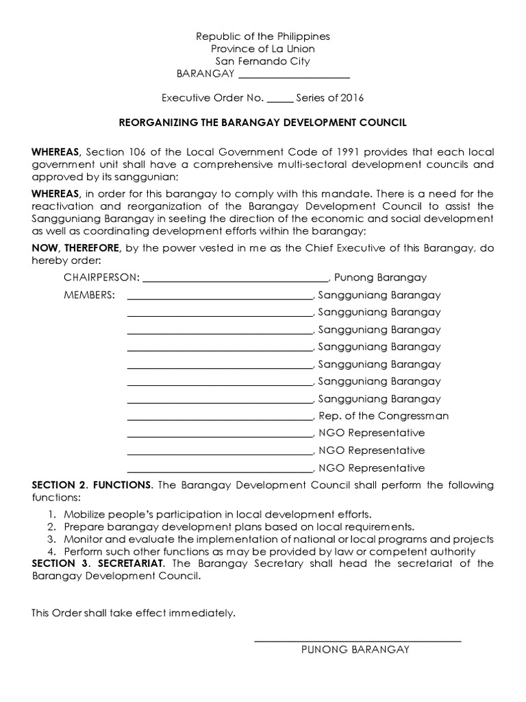 Barangay EO Barangay Development Council | PDF | Disaster Risk ...