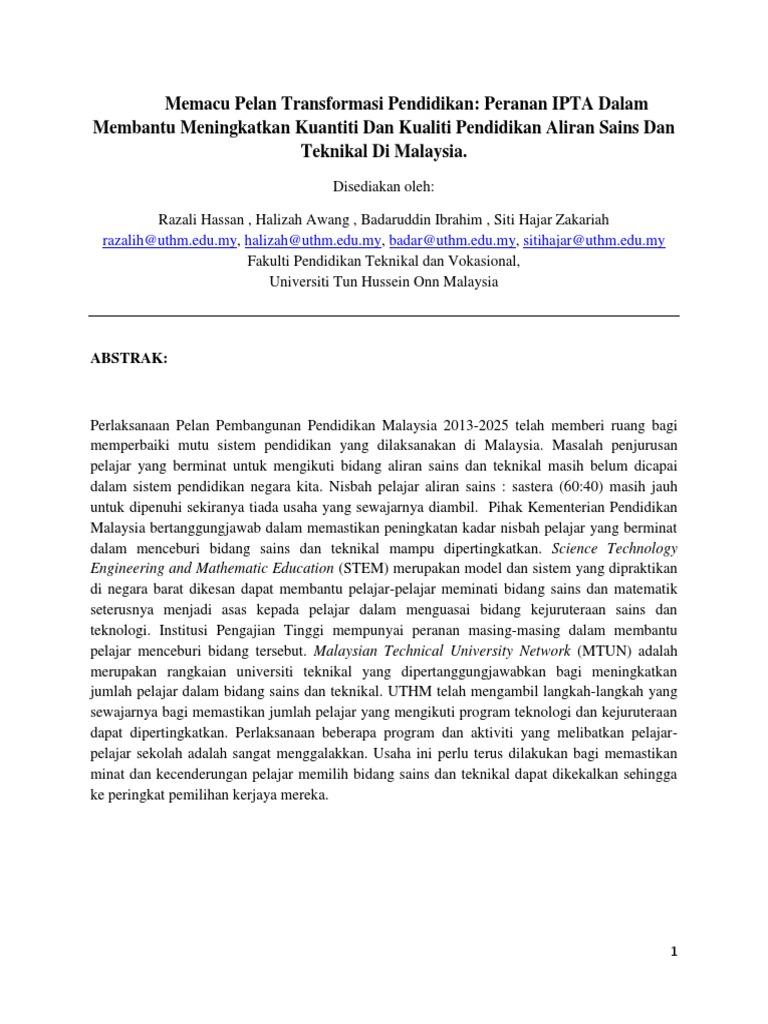 Paper Institusi UTHM Memacu Pelan Transformasi Pendidikan | PDF
