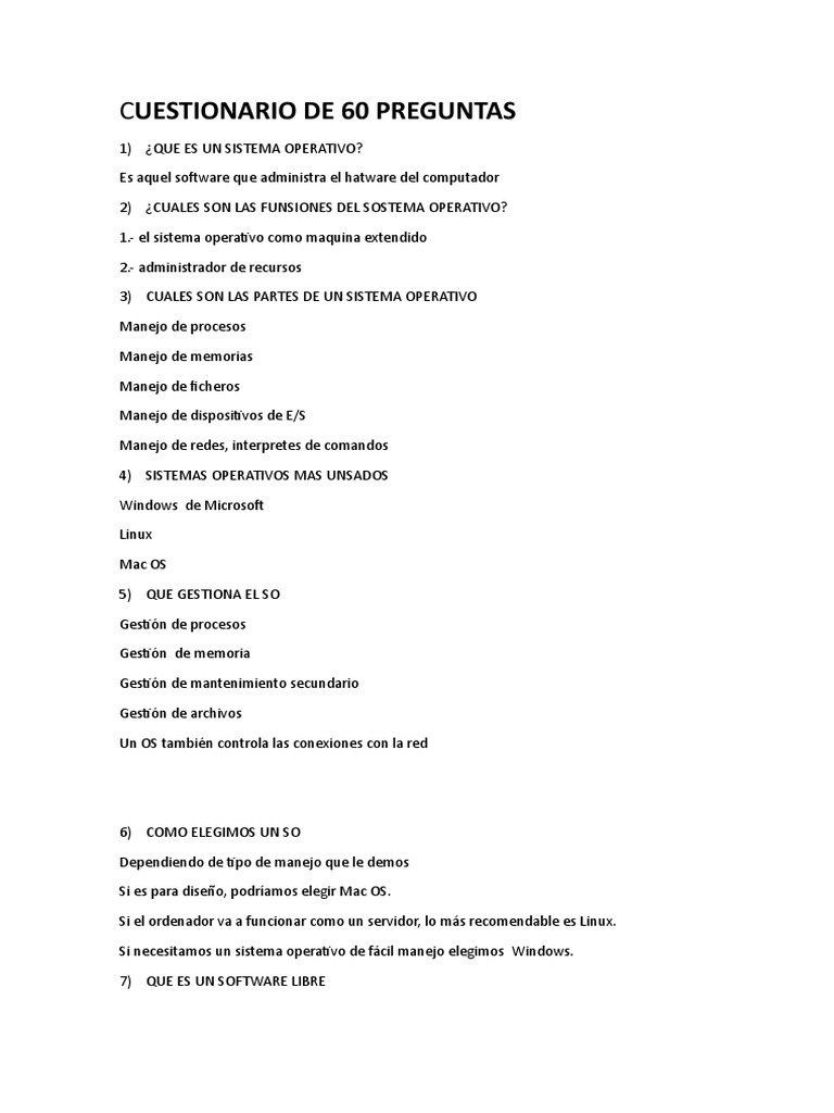 Cuestionario de 60 Preguntas | PDF | Sistema operativo | Microsoft Windows