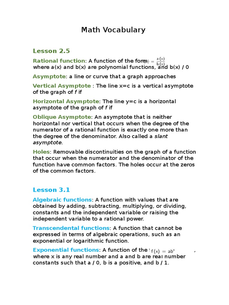 Math Vocabulary: Lesson 2.5 | PDF