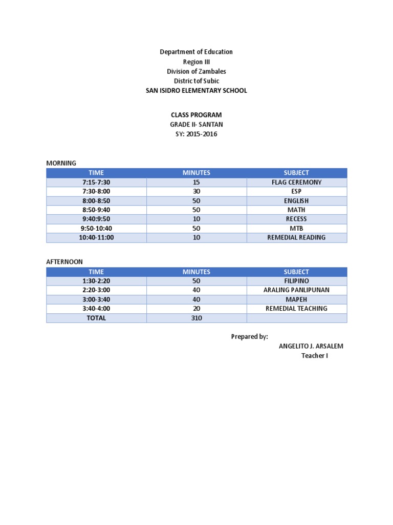 Grade 2 Class Schedule 2015-2016 | PDF