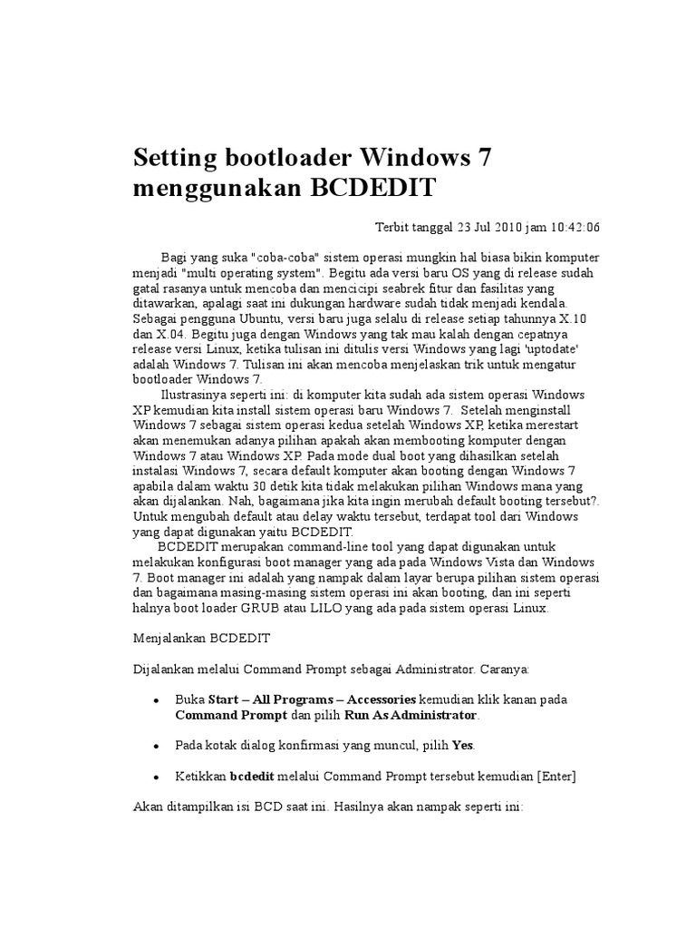Mengatur Bootloader Windows 7 dengan BCDEDIT | PDF